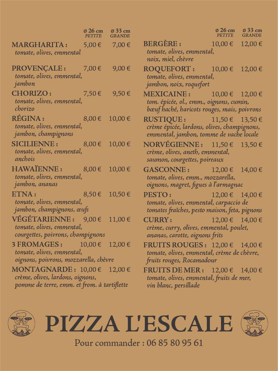 Menu at Pizza L'escale pizzeria, Seix