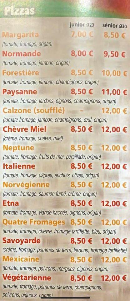 Menu au Pizzeria del pierrot, Bourth