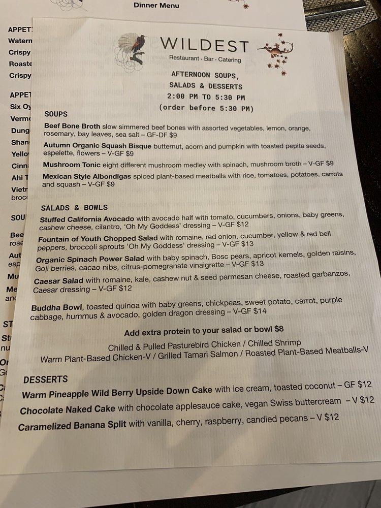 Menu at Wildest Restaurant & Bar, Palm Desert