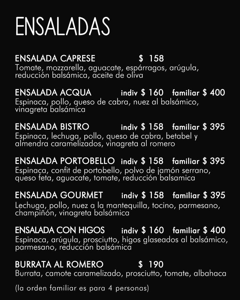 Menu at Acqua steakhouse, Merida