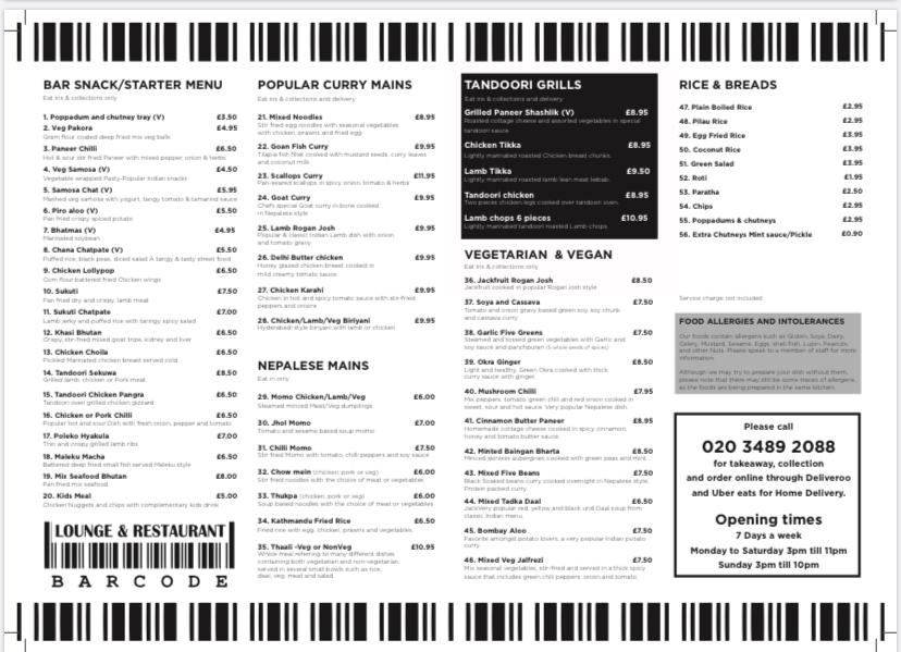 Menu at Restaurant & Bar, London, 24 Calderwood St