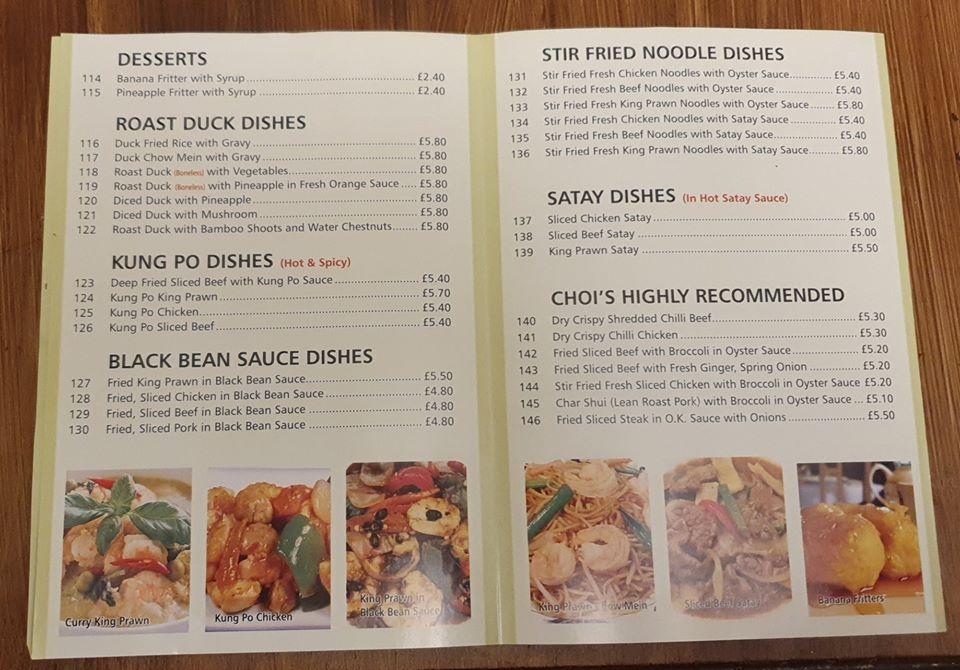 Menu at Choi's restaurant, Sheerness