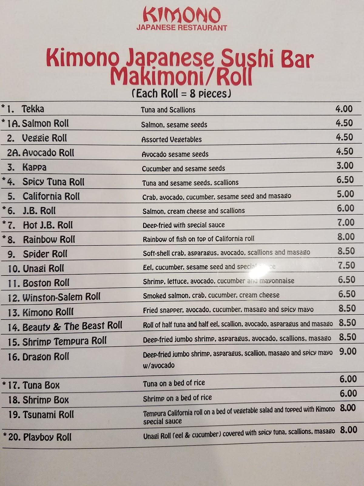 Menu at Kimono Japanese Restaurant, Clemmons, Lewisville Clemmons Rd