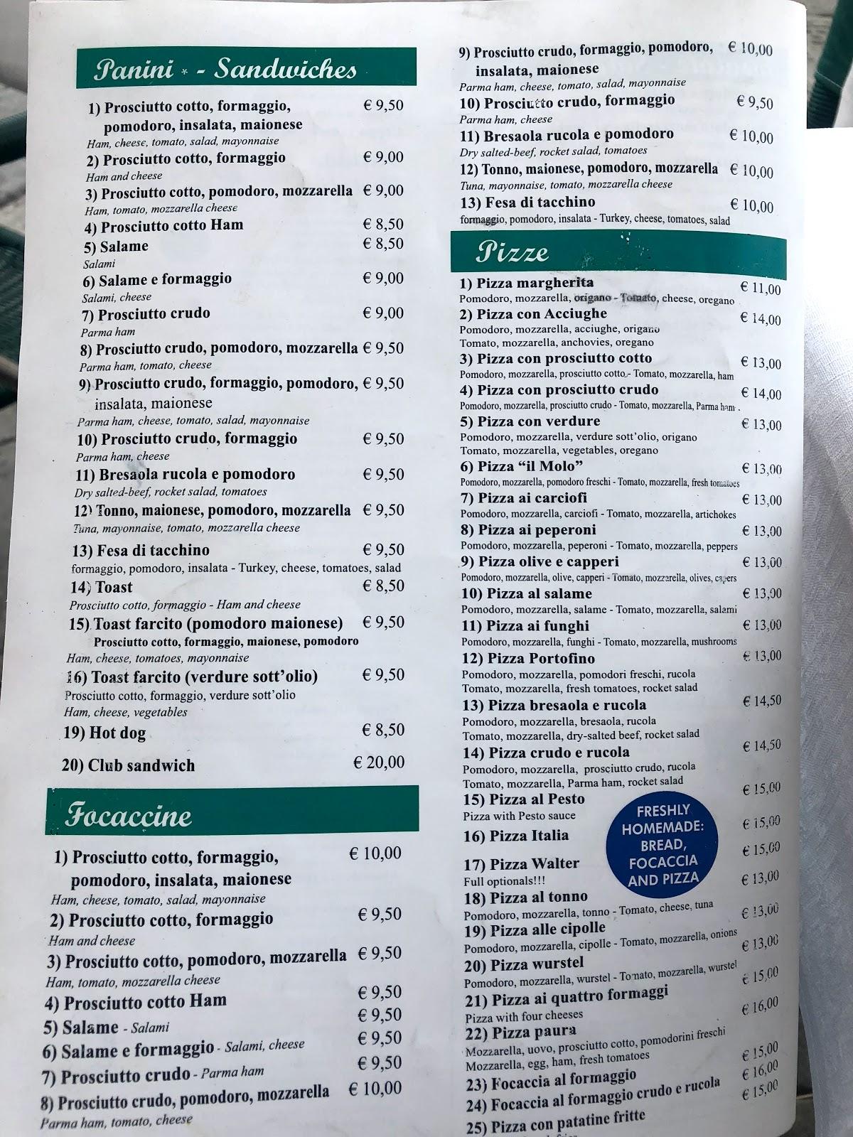 Menu da Bar Gelateria Il Molo, Portofino