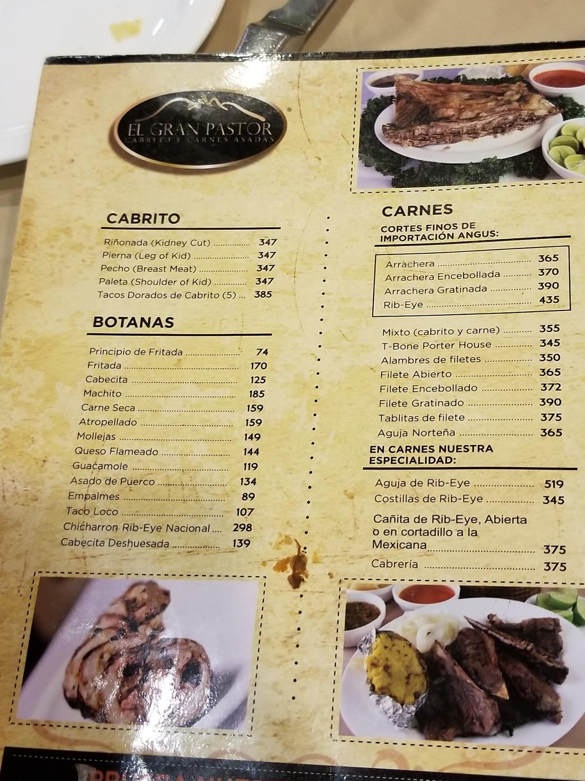 Carta del restaurante El Gran Pastor, Monterrey, Avenida Gonzalitos #702