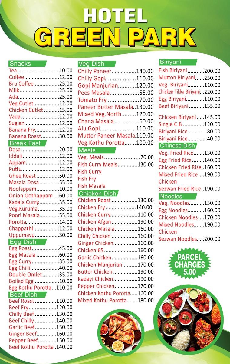 Menu at Hotel Green Park, Thrissur, Kodungallur - Shornur Rd
