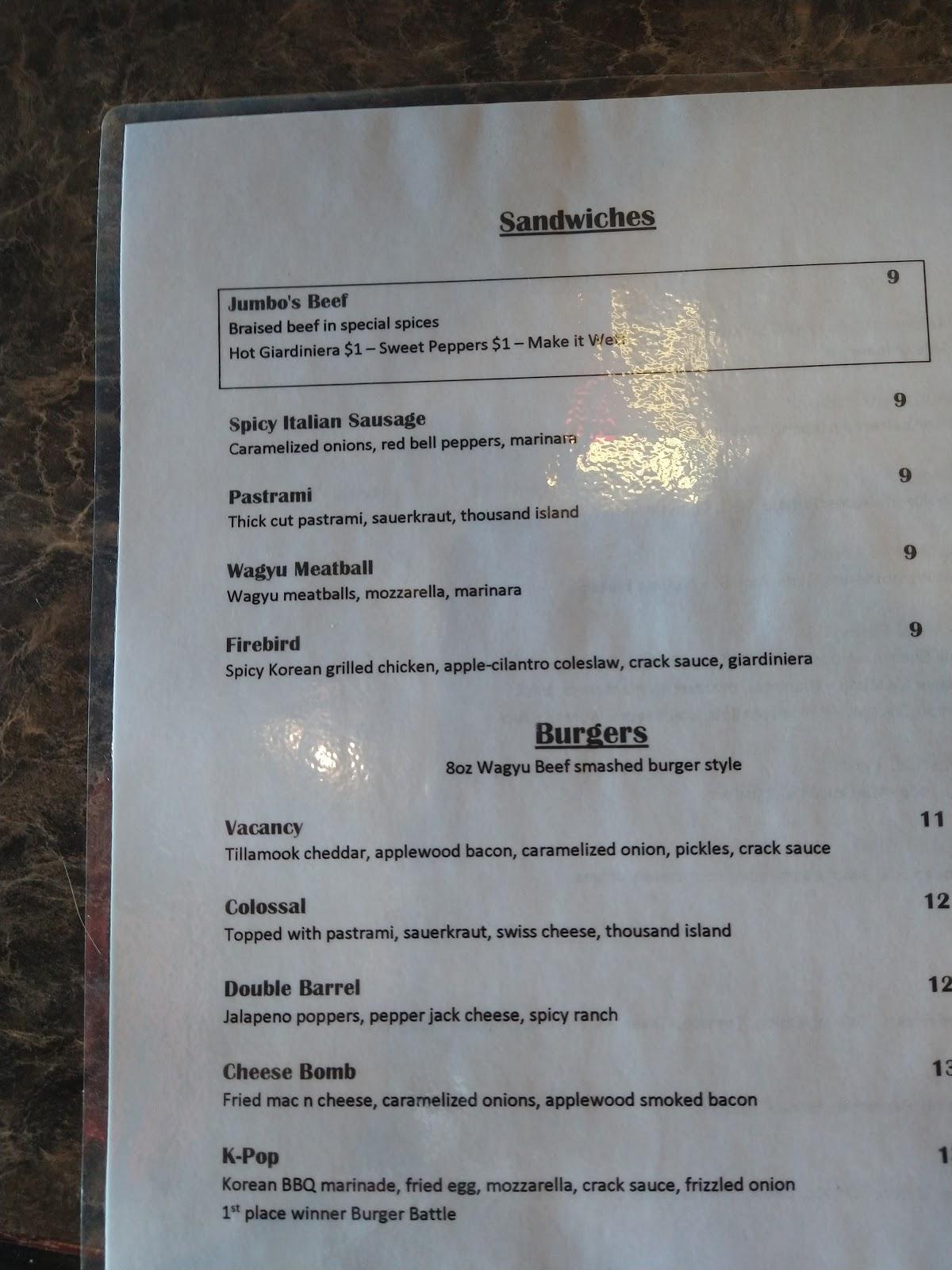Menu at Jumbo's Beef & Brew restaurant, Wichita