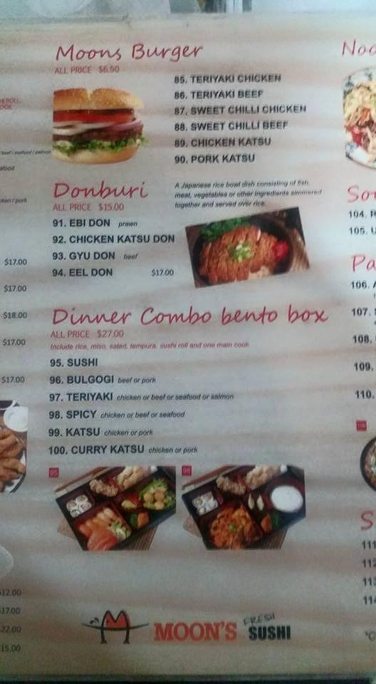 Menu at Moon's Sushi restaurant, Wollongong