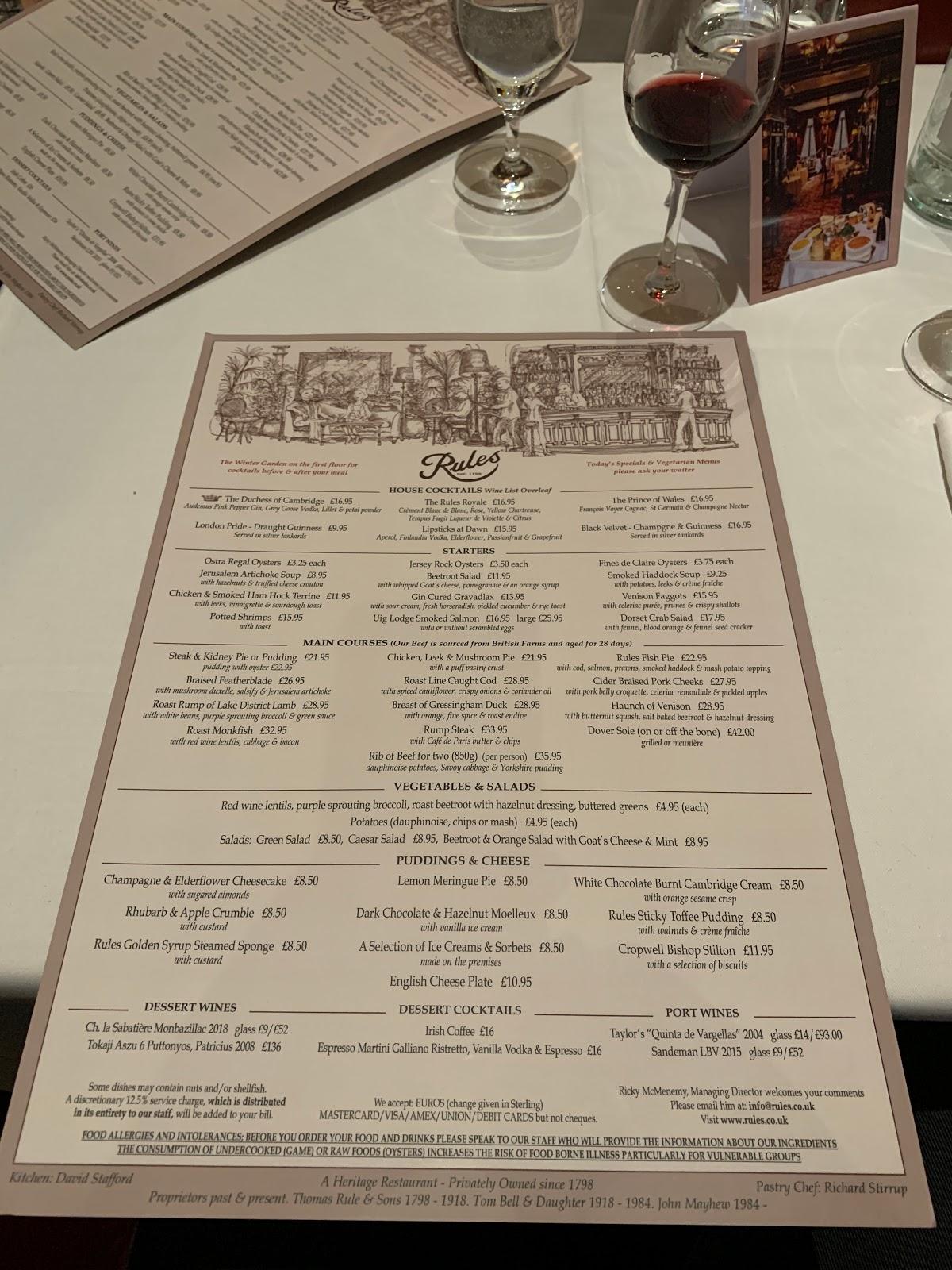 Menu at Rules pub & bar, London