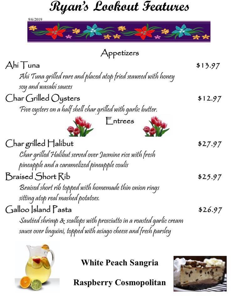 Menu at Ryan's Lookout restaurant, Henderson