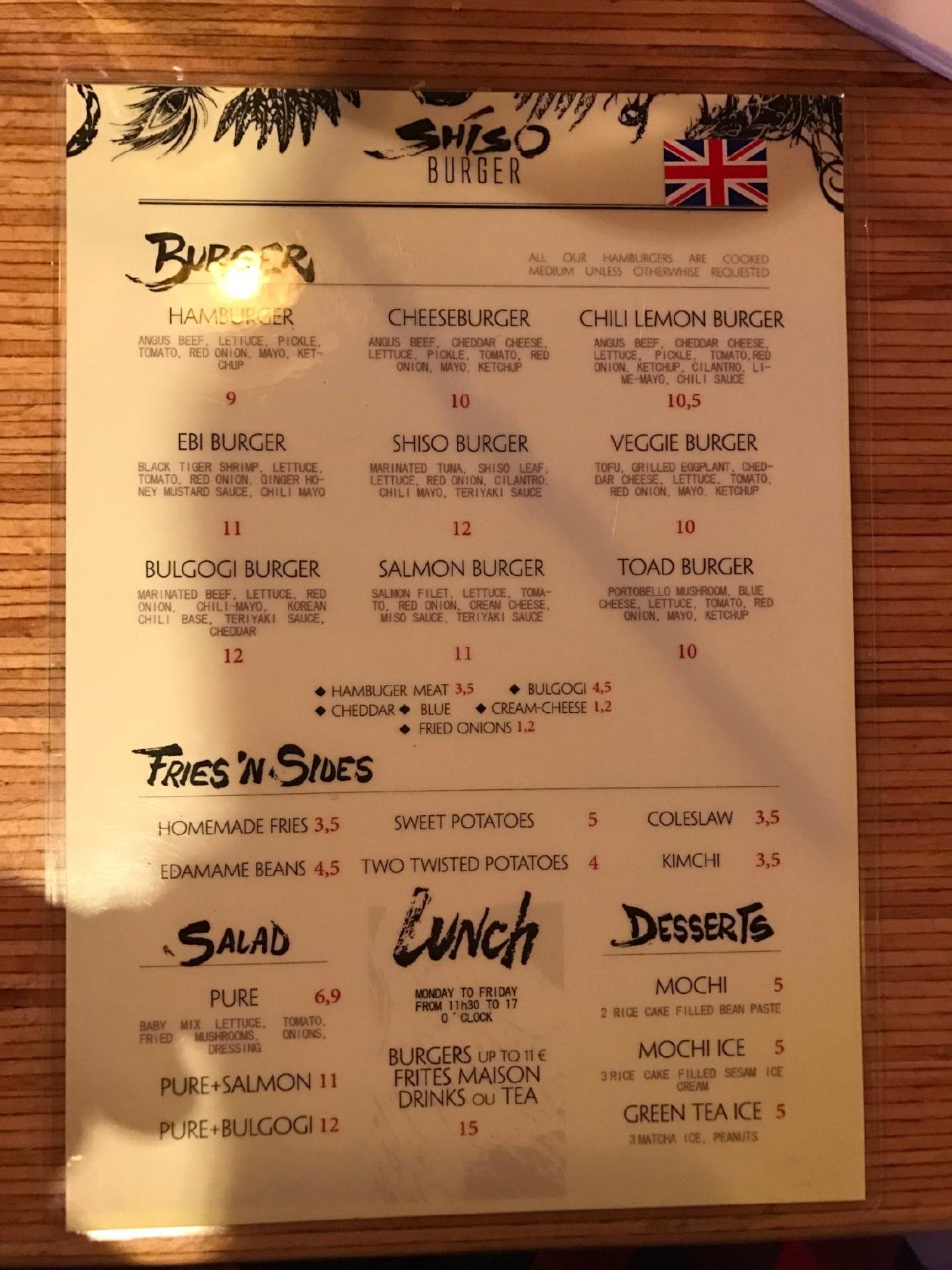 Menu au Shiso Burger restaurant, Paris, 21 Quai Saint Michel