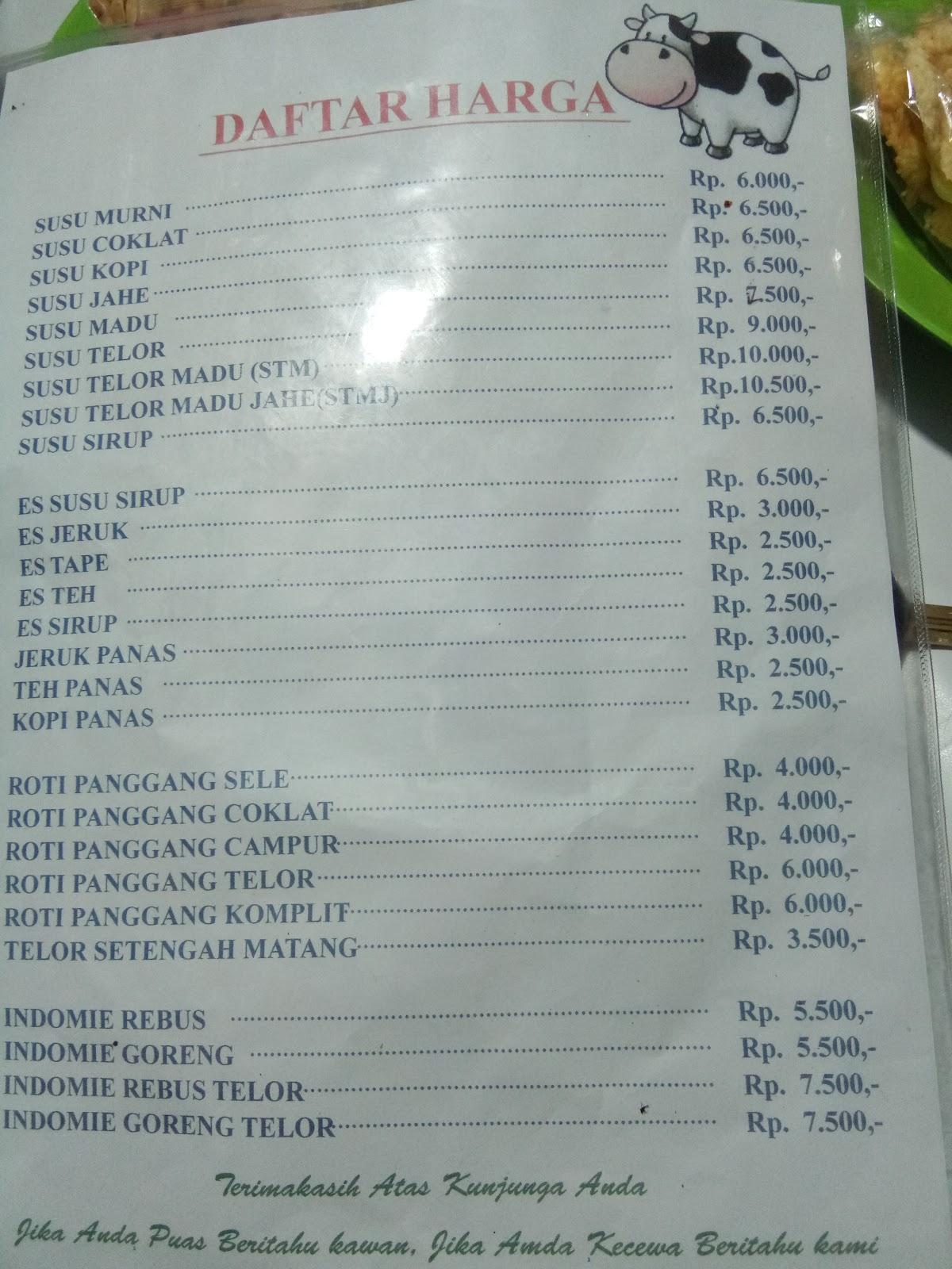 Menu at Warung Susu Pak Sunar cafe, Yogyakarta