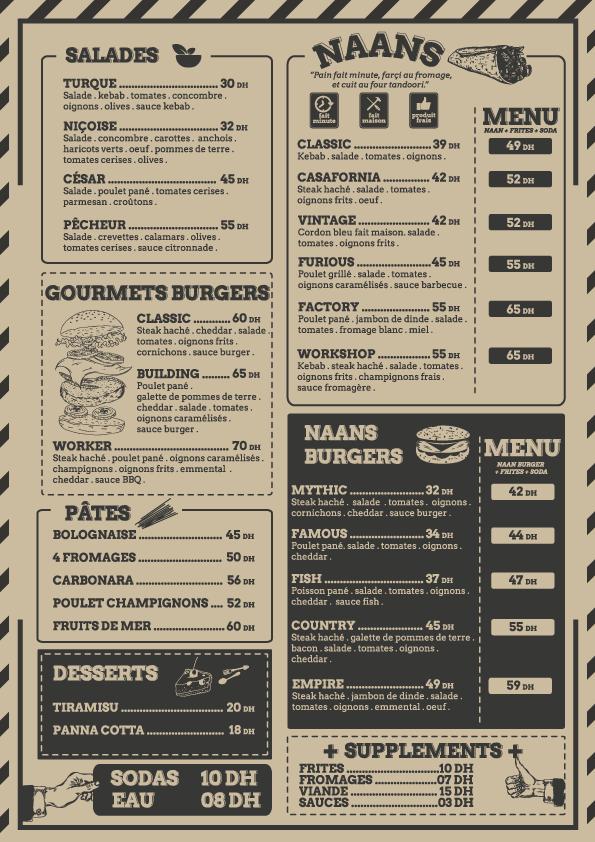 Menu at Workshop restaurant, Casablanca