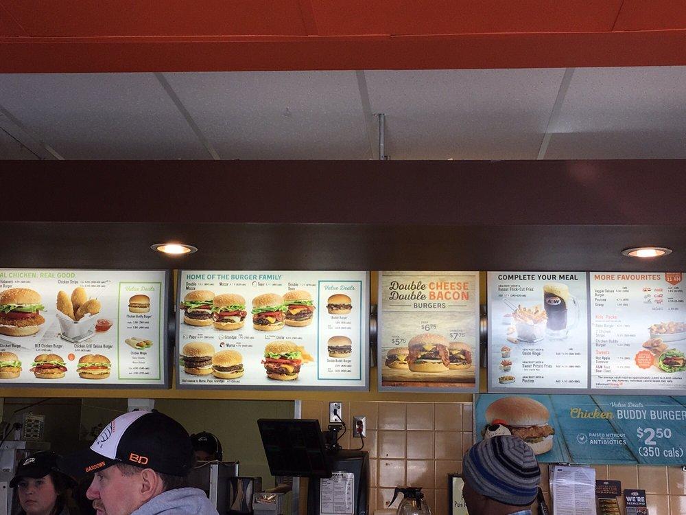 Menu at A&W Canada fast food, Comber, Industrial Dr