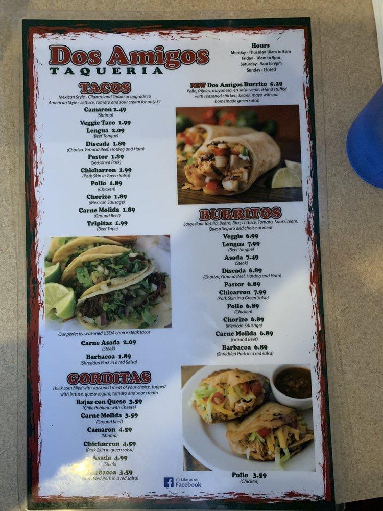 Menu at Dos Amigos Taqueria restaurant, South Beloit
