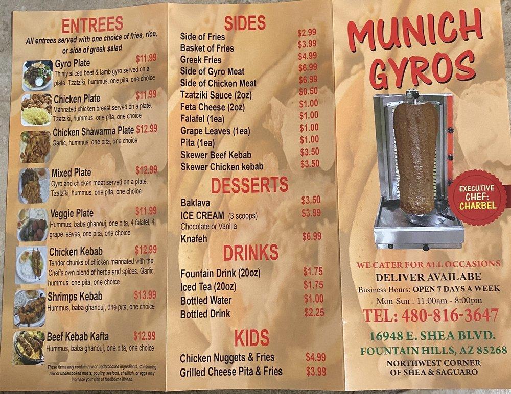 Menu at Munich Gyros restaurant, Fountain Hills
