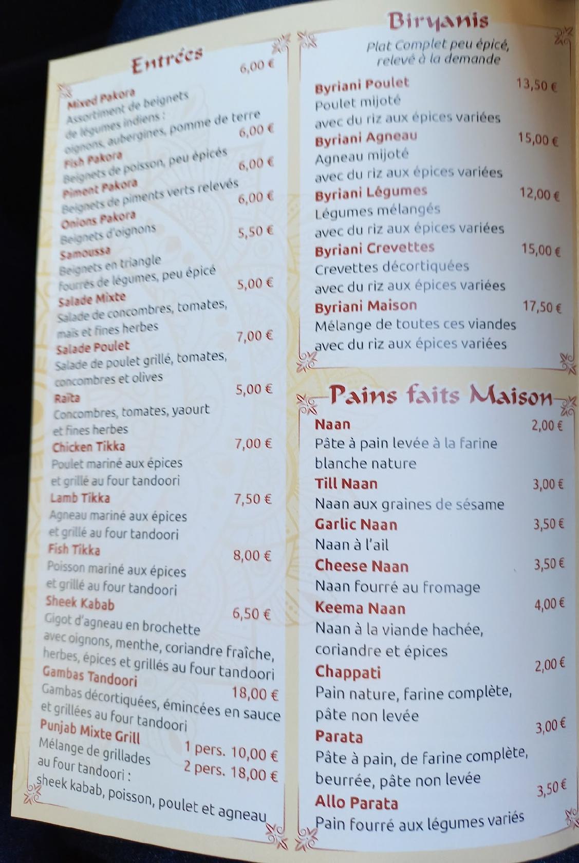 Menu at Palais de l'Inde restaurant, Bourg-Saint-Maurice