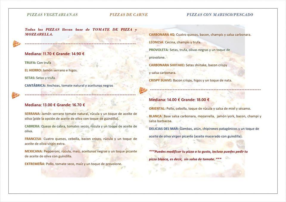 Carta de pizzería Pizzaiola, Numancia de la Sagra