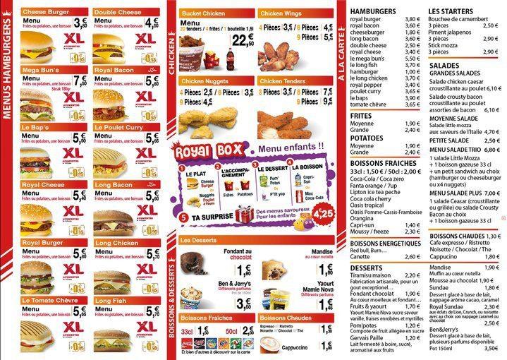 Menu at RoyalBurger restaurant, France
