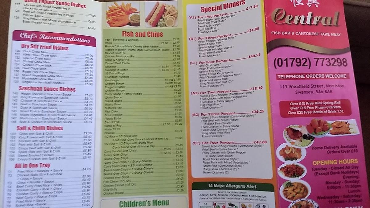 Menu at Central Fish Bar, Swansea