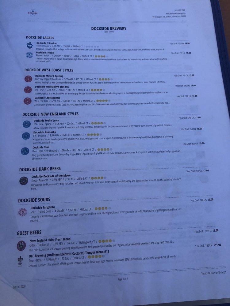 Menu at Dockside Brewery restaurant, Milford