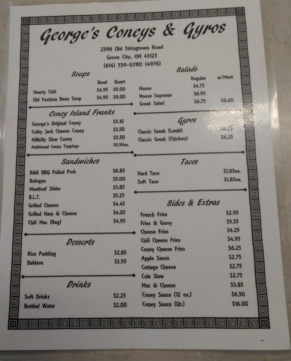 Menu at Georges Coneys and Gyros restaurant, Grove City