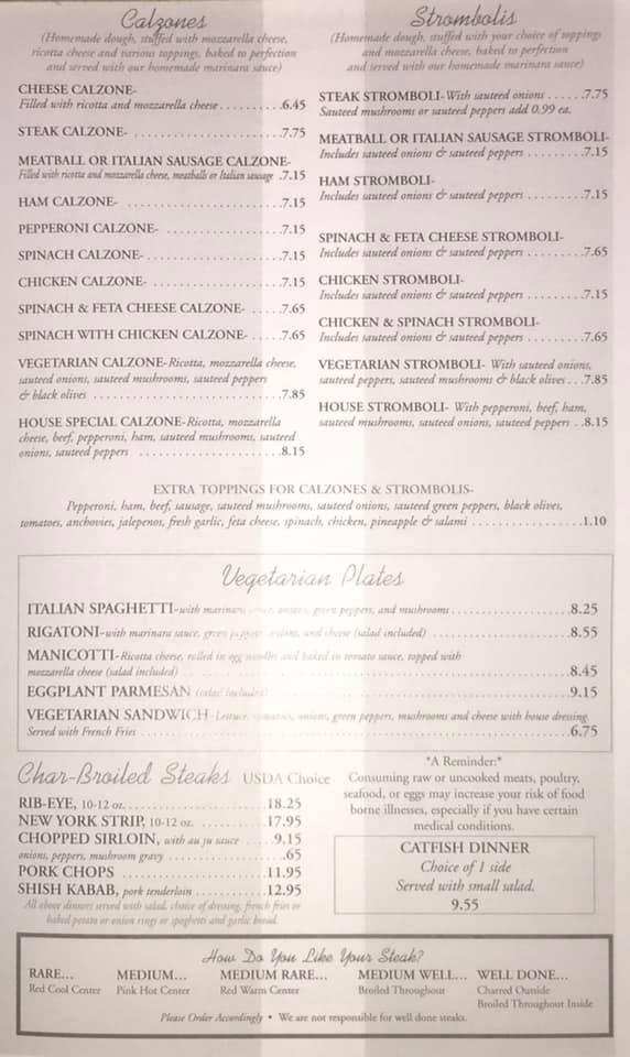 Menu at Gondolier Pizza & Steak House pizzeria, Sweetwater, 789 TN-68