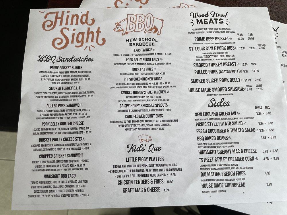 Menu at Hindsight BBQ, Waterbury