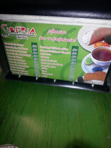 Carta del restaurante La Siberia Central, Monterrey