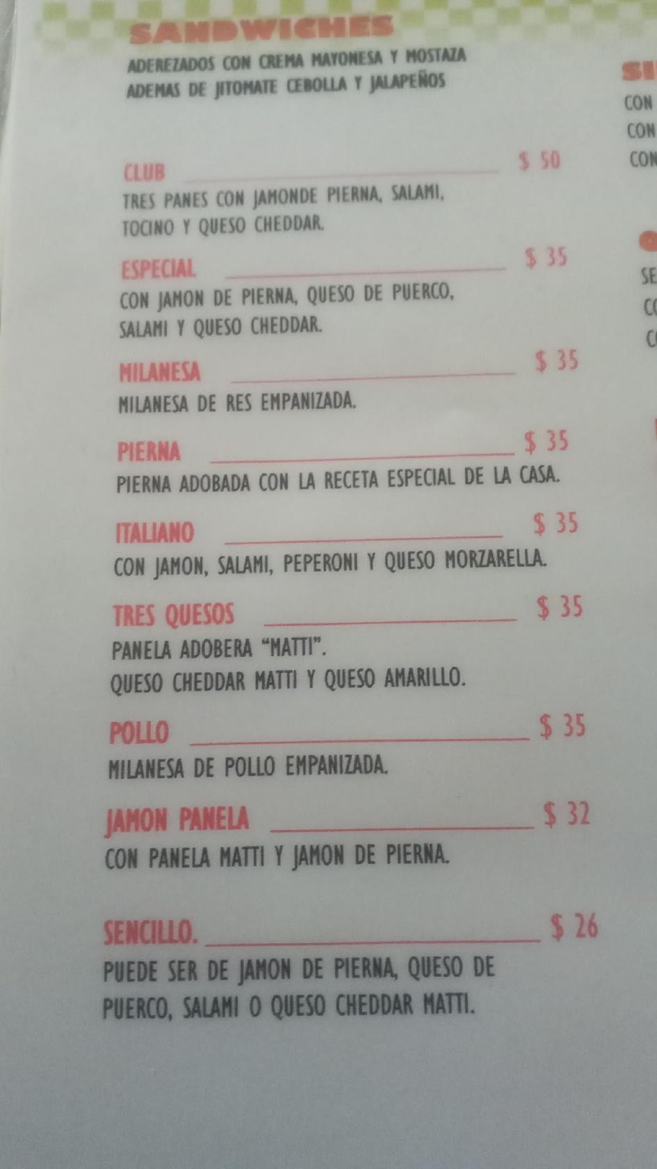 Menu at Lonches Especiales MATTI restaurant, Zapopan