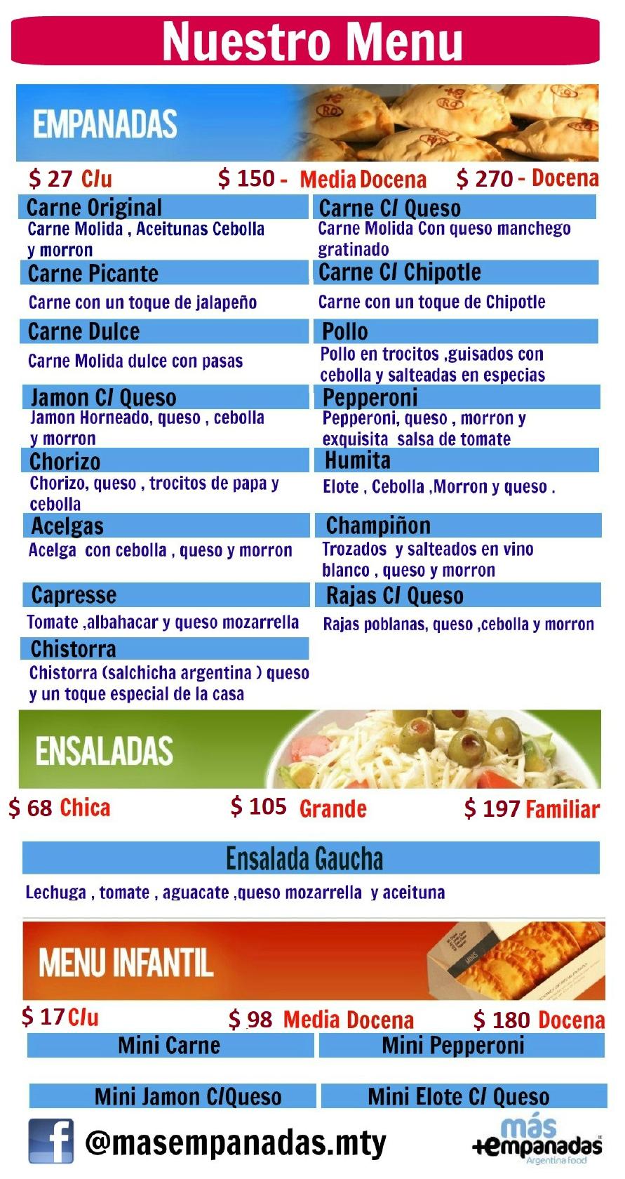 Menu at Más Empanadas restaurant, Guadalupe, Av. Miguel Alemán 5054-134