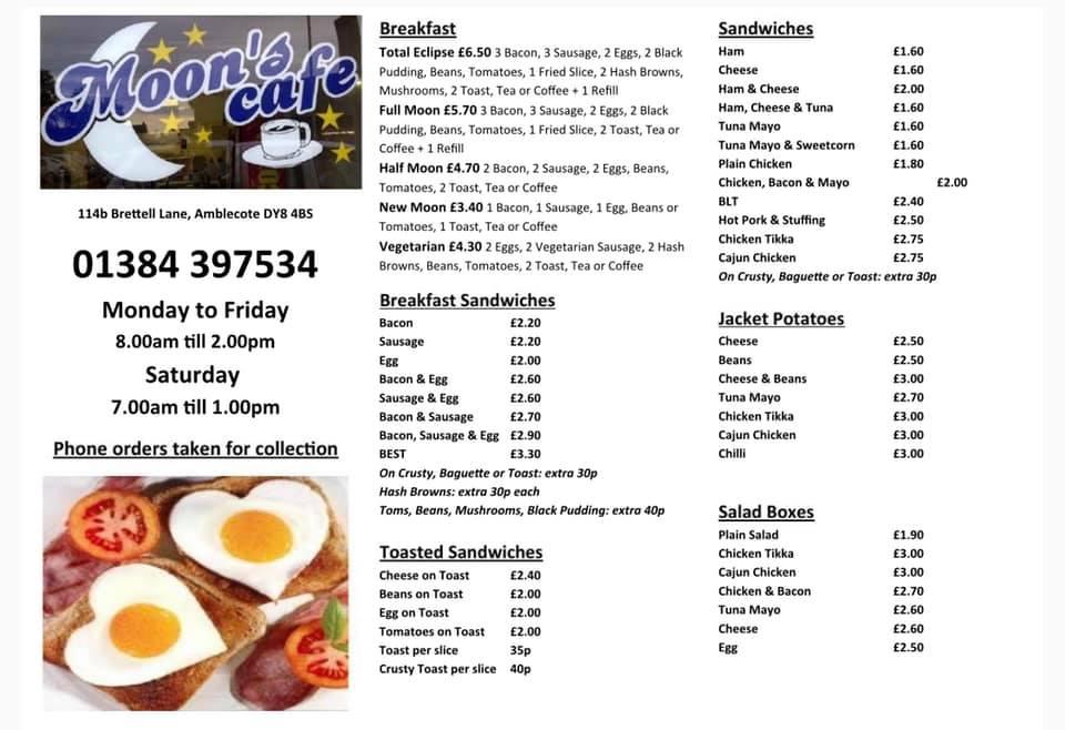 Menu at Moon's Cafe, Stourbridge