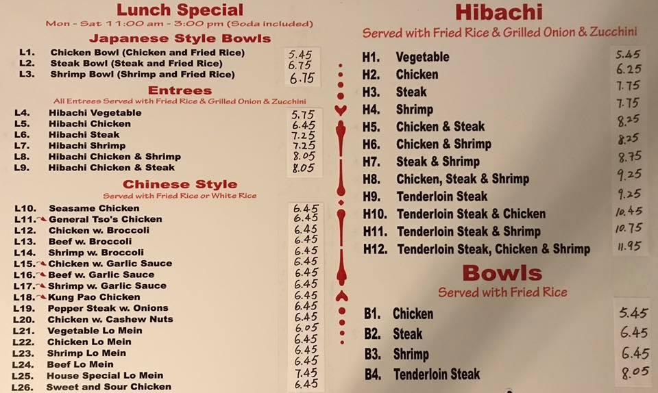 Menu at Nagoya Japanese Express restaurant, Conway