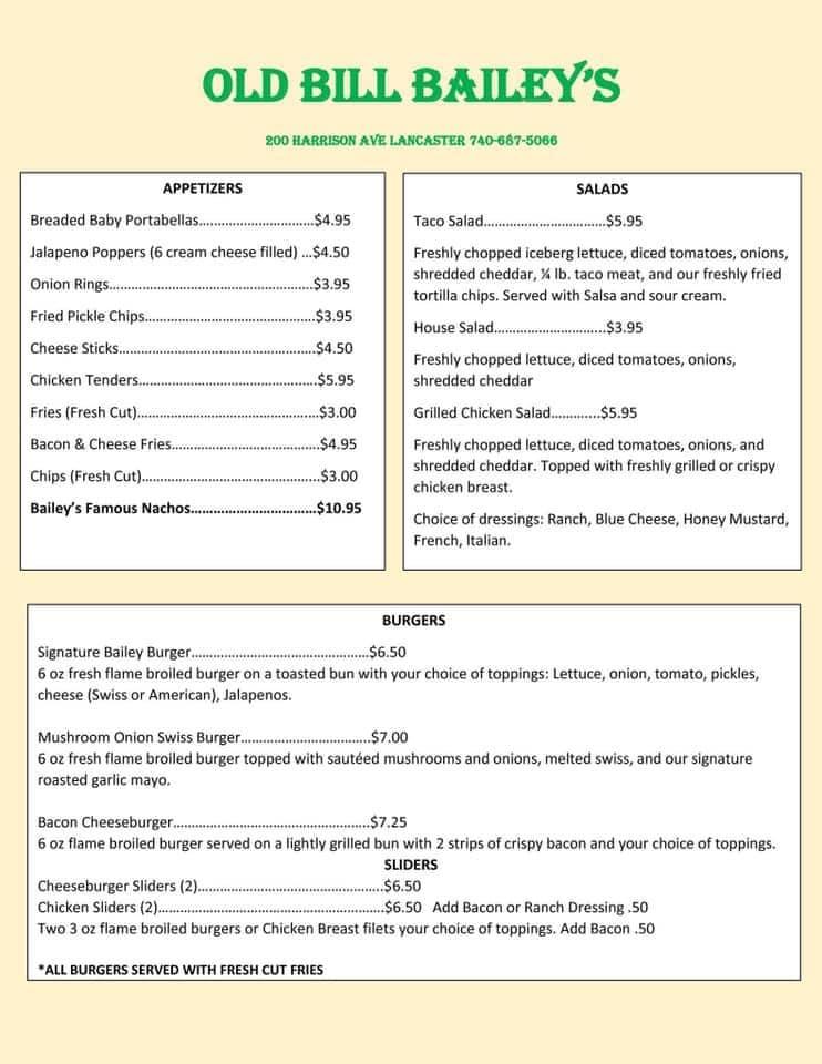 Menu at Old Bill Bailey's pub & bar, Lancaster