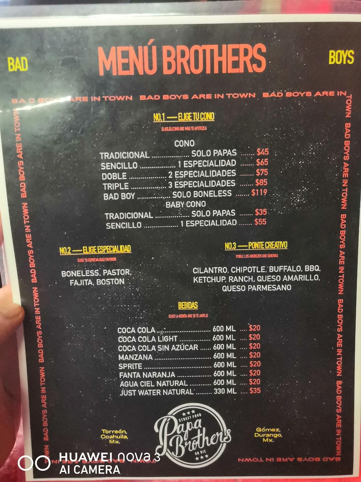 Carta del restaurante Papa Brothers Miguel Alemán, Gómez Palacio