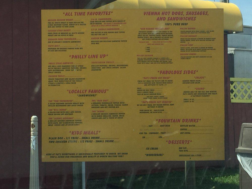 Menu at Pat's Chicago Dogs fast food, Syracuse