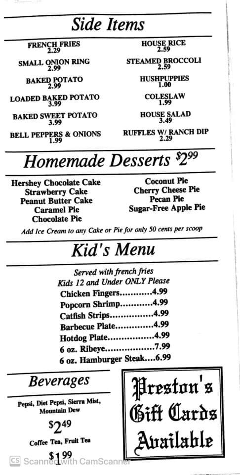 Menu at Preston’s restaurant, Lexington