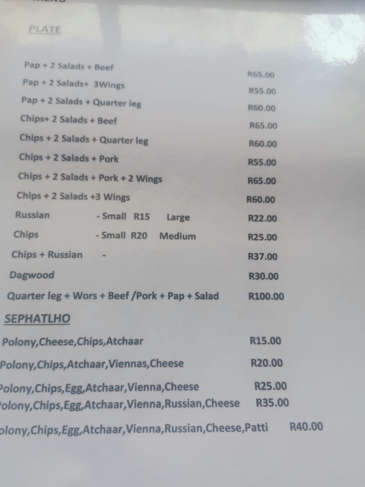 Menu at Sisters hub restaurant, Rustenburg