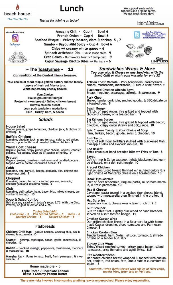 Menu at Beach House steakhouse, Decatur, 1001 S Lake Front Rd