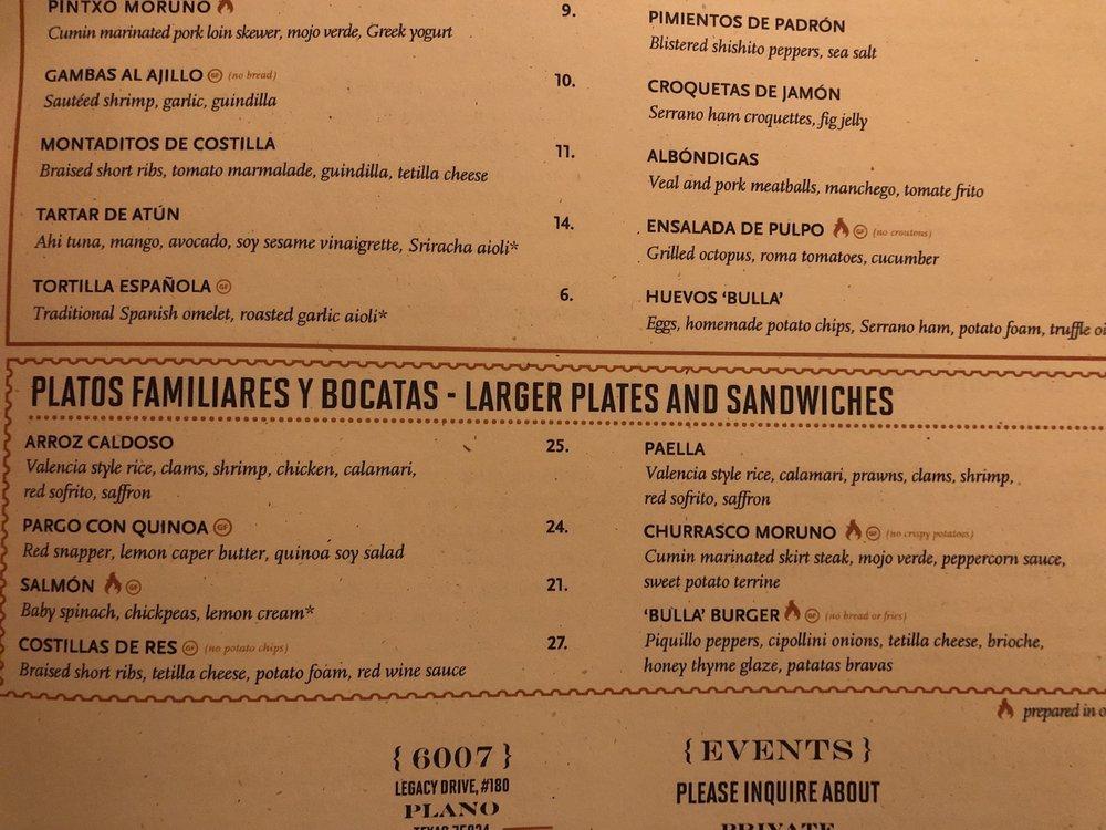 Menu at Bulla Gastrobar, Plano, Legacy Dr #180
