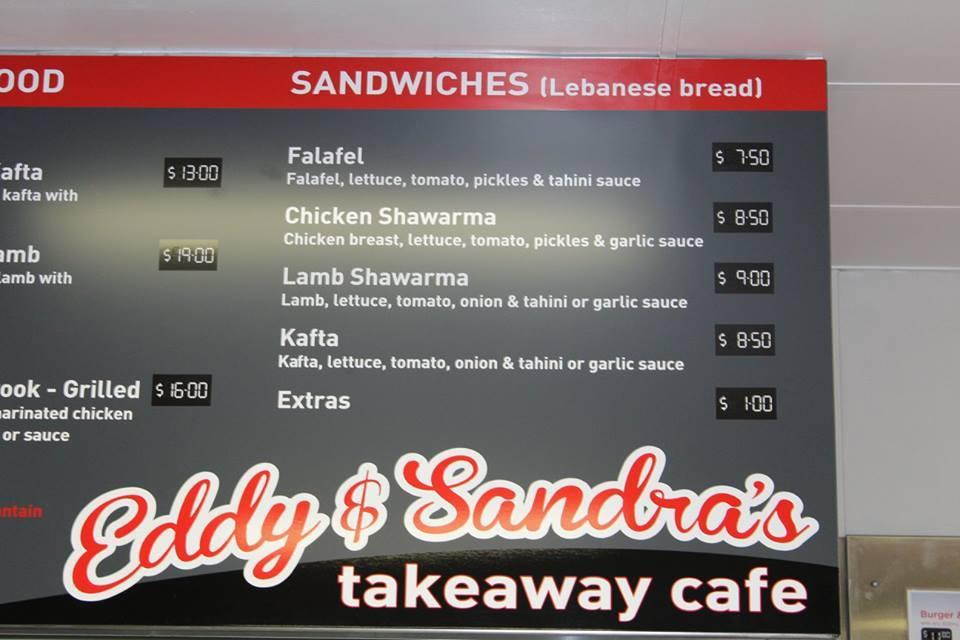 Menu at Eddy & Sandra's fast food, Unanderra