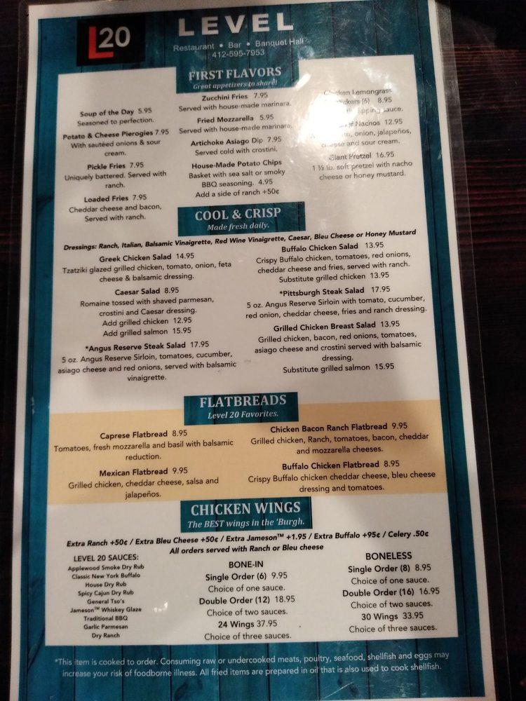 Menu at LEVEL 20 Restaurant, Bar, & Banquet, Bethel Park