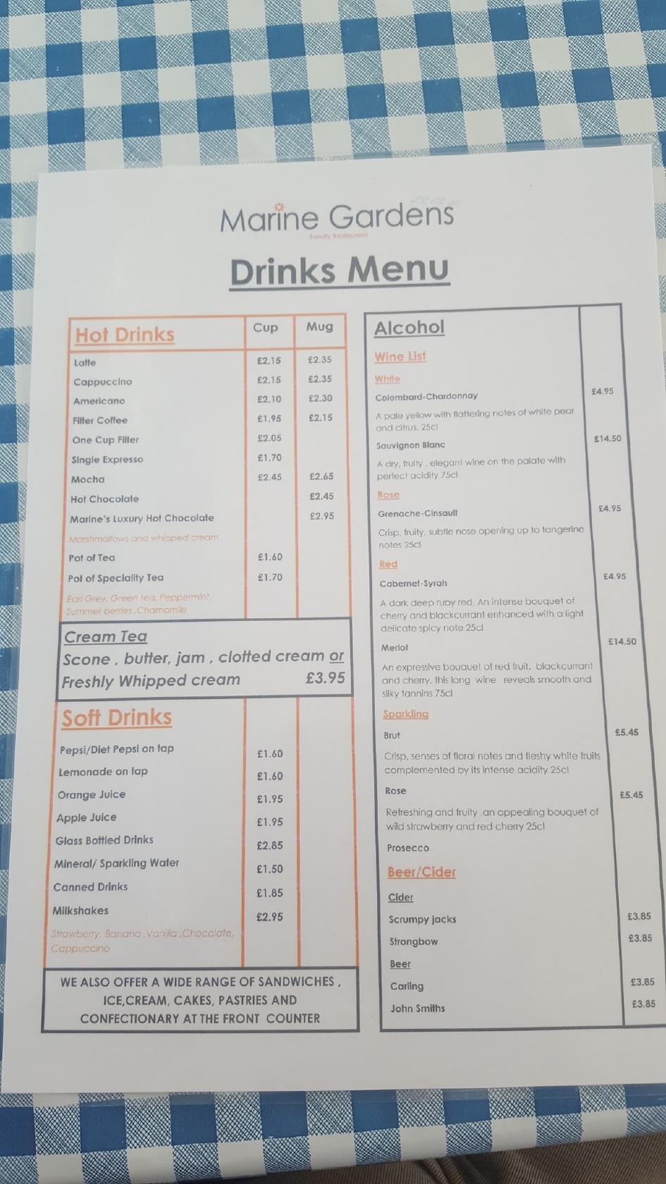 Menu at Marine Gardens Restaurant, Worthing