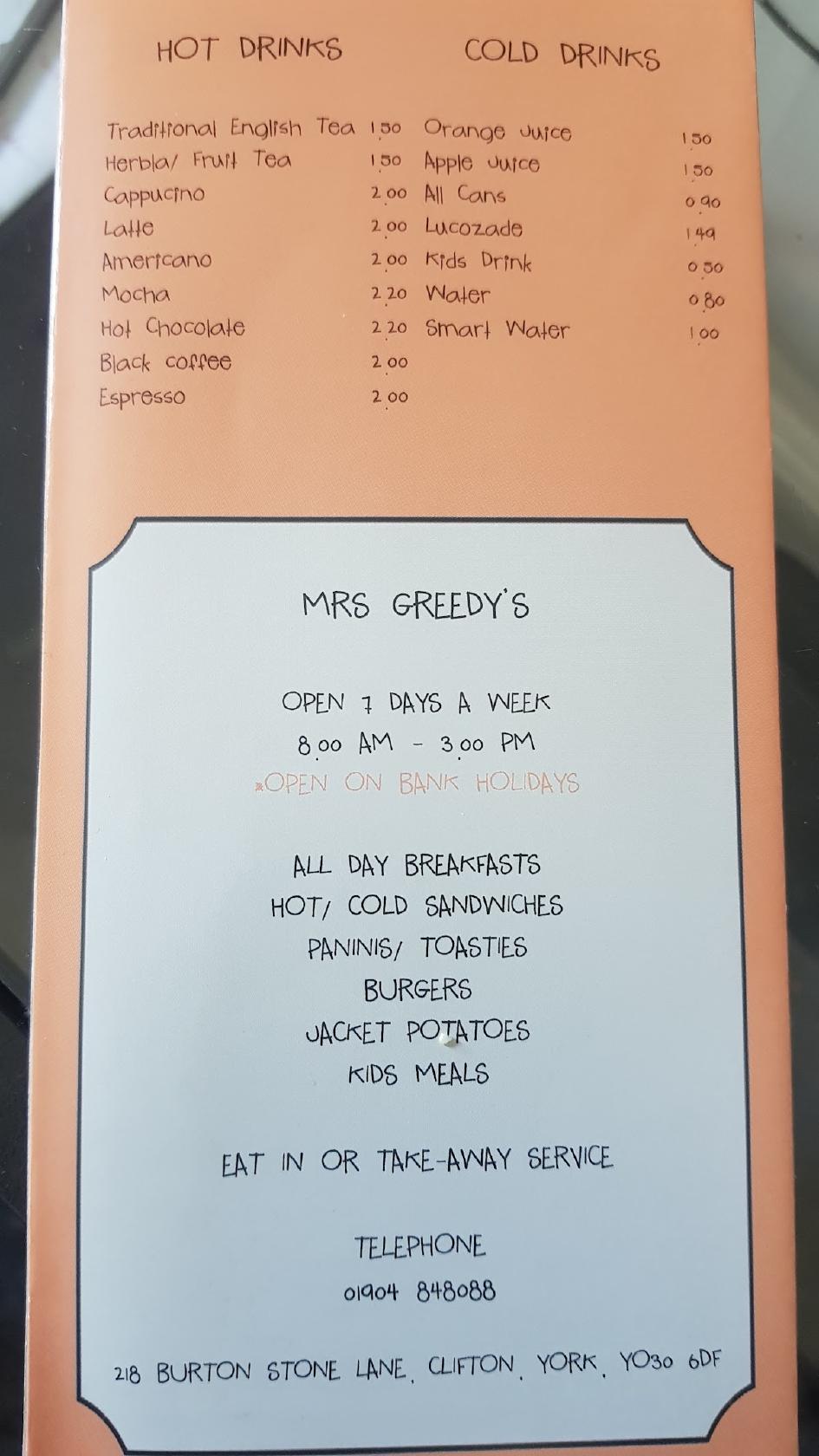 Menu at Mrs Greedy's cafe, York