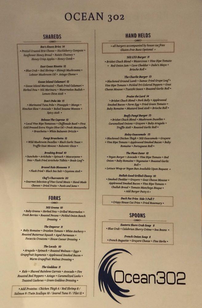 Menu at Ocean 302 steakhouse, Melbourne Beach