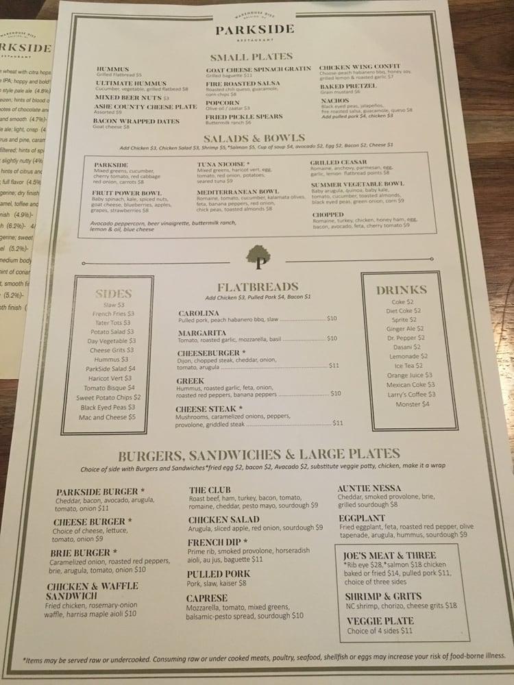 Carta de Parkside Restaurant, Raleigh