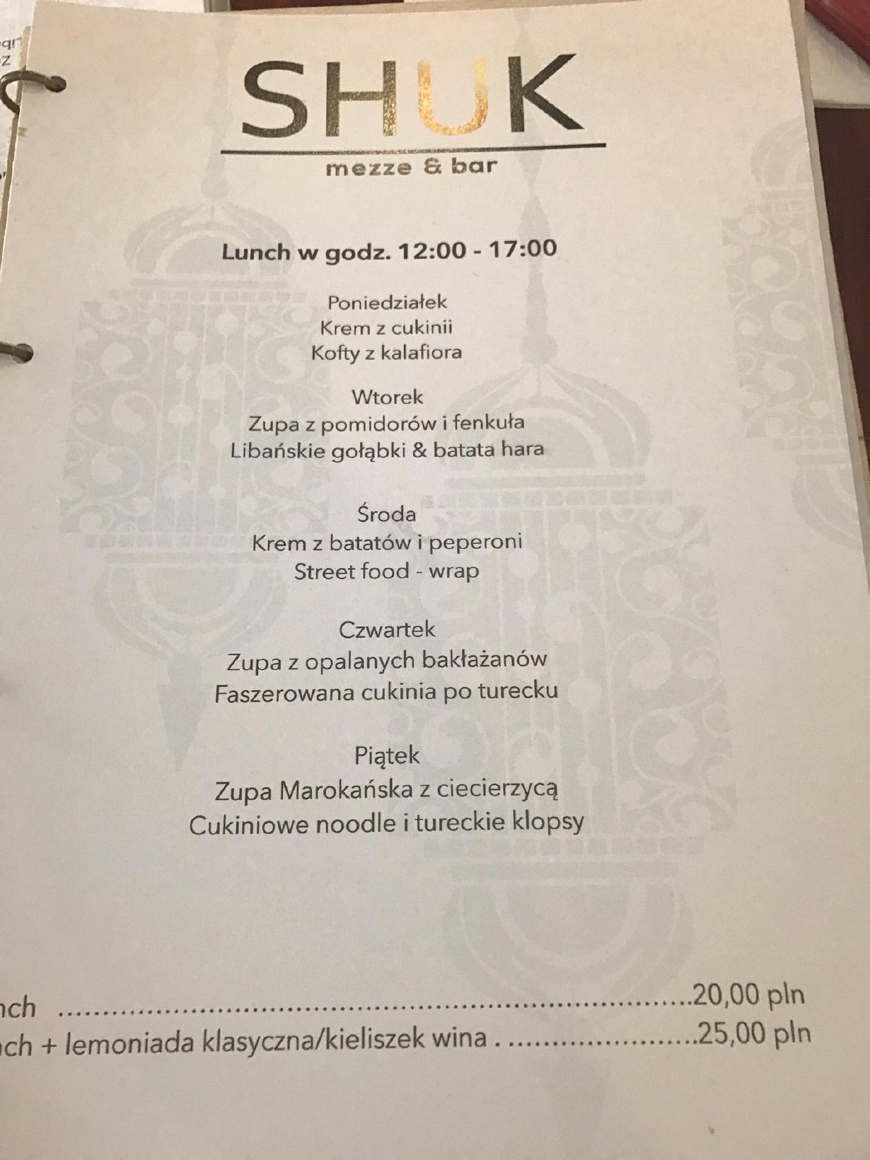 Menu at SHUK mezze & bar, Warsaw