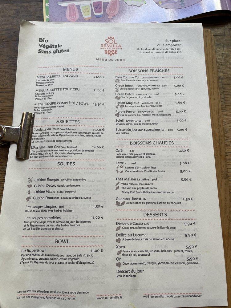 Menu at Sol Semilla restaurant, Paris
