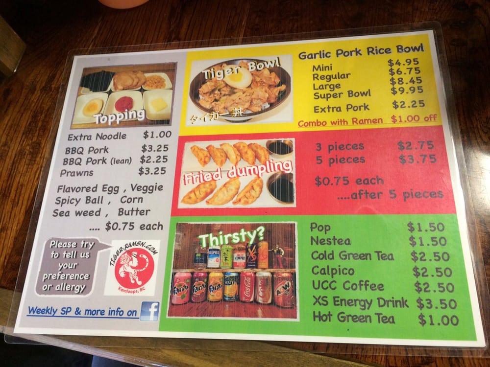 Menu at Tiger Ramen restaurant, Kamloops