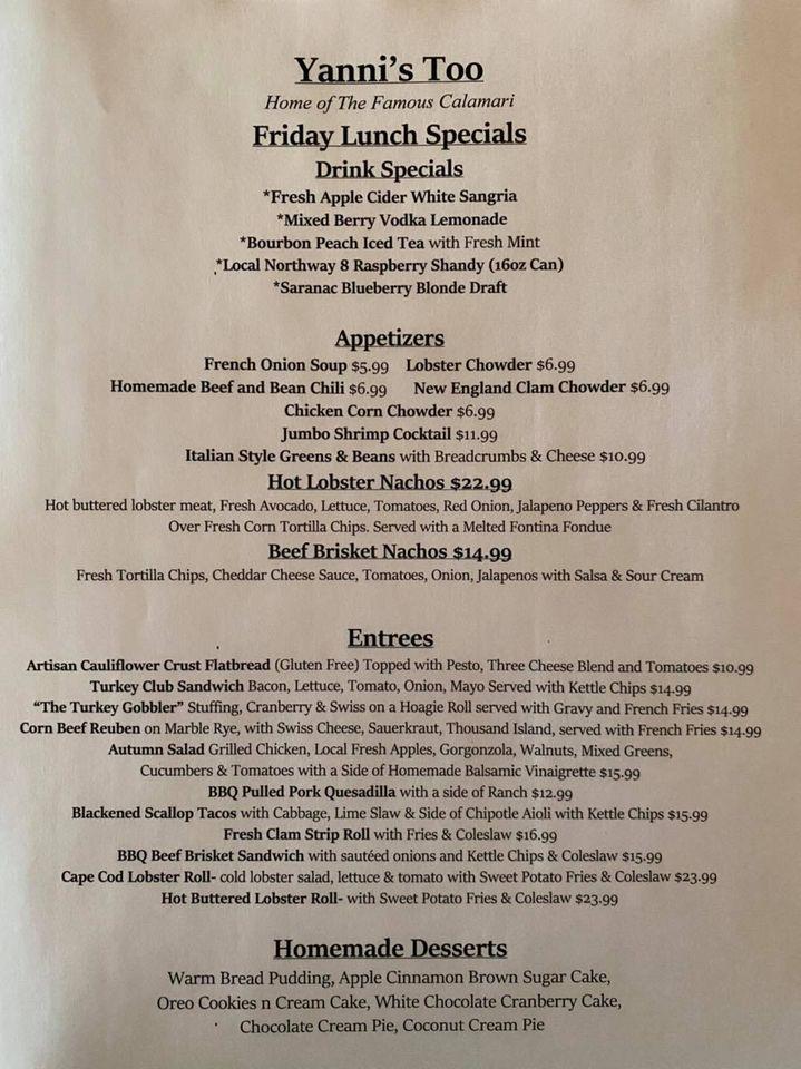 Menu at Yanni's Too restaurant, Coeymans